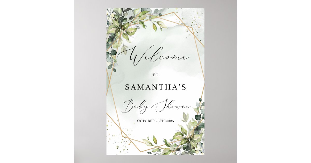 Greenery eucalyptus gold geometric welcome sign | Zazzle