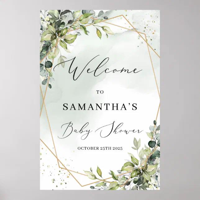 Greenery eucalyptus gold geometric welcome sign | Zazzle