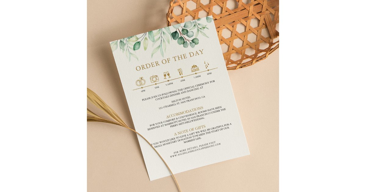 Greenery Eucalyptus Green Gold Details Timeline Enclosure Card | Zazzle