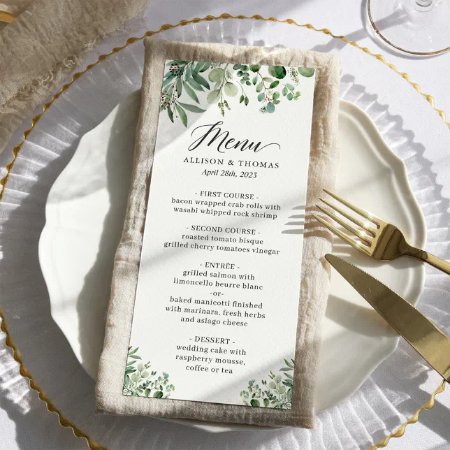 Greenery Eucalyptus Leaves Wedding Menu | Zazzle