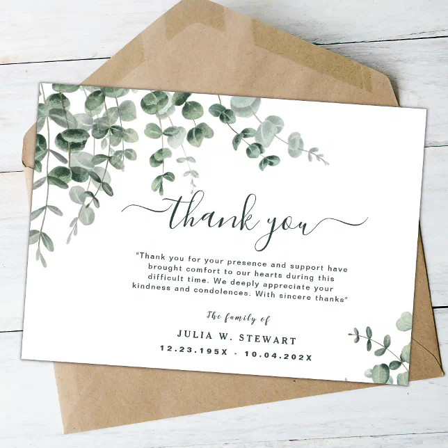 Greenery Eucalyptus Modern Funeral Thank You Note Card | Zazzle