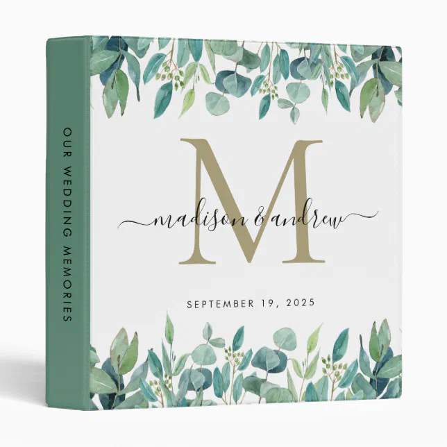 Greenery Eucalyptus Monogram Gold Wedding Album 3 Ring Binder | Zazzle