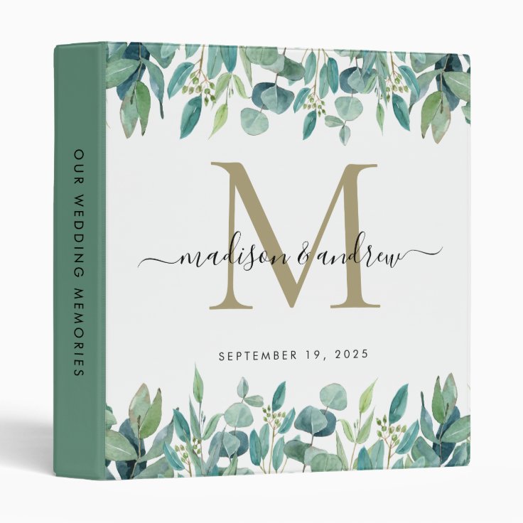 Greenery Eucalyptus Monogram Gold Wedding Album 3 Ring Binder | Zazzle