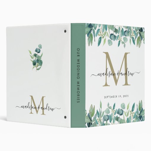Greenery Eucalyptus Monogram Gold Wedding Album 3 Ring Binder | Zazzle
