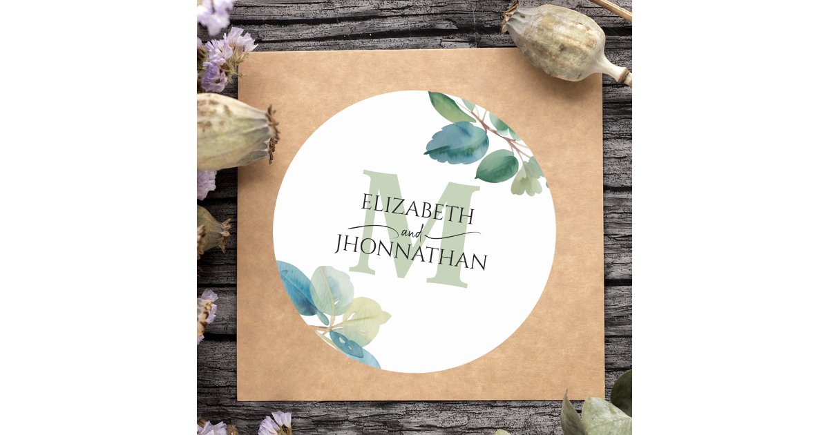 Greenery eucalyptus monogrammed wedding classic round sticker | Zazzle