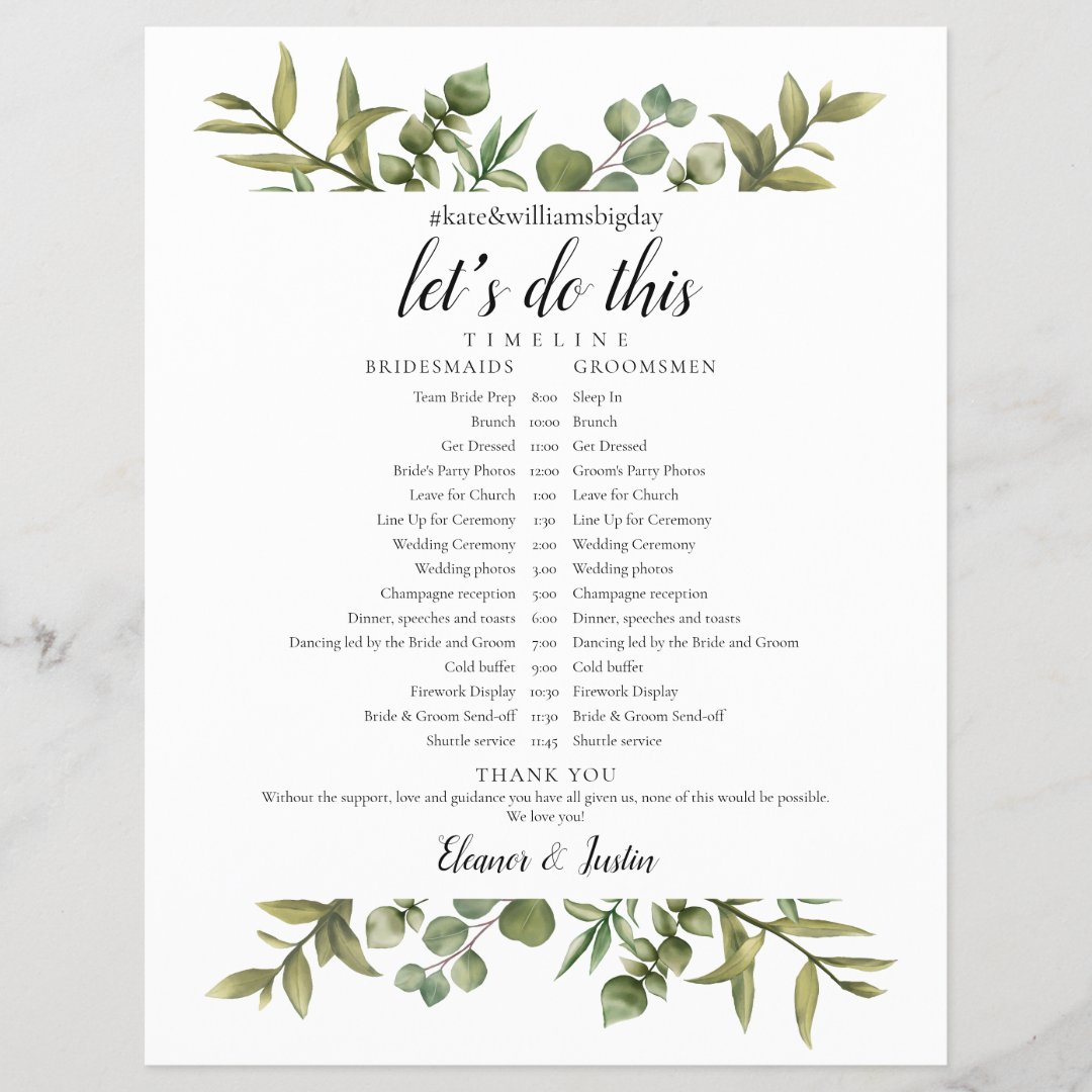 Greenery Eucalyptus Wedding Schedule Timeline | Zazzle
