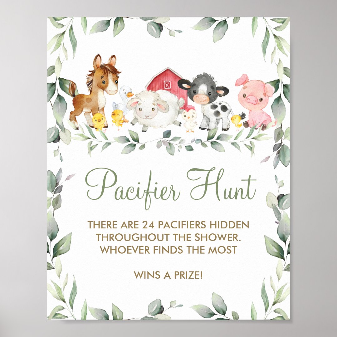Greenery Farm Barnyard Animals Pacifier Hunt Game Poster | Zazzle