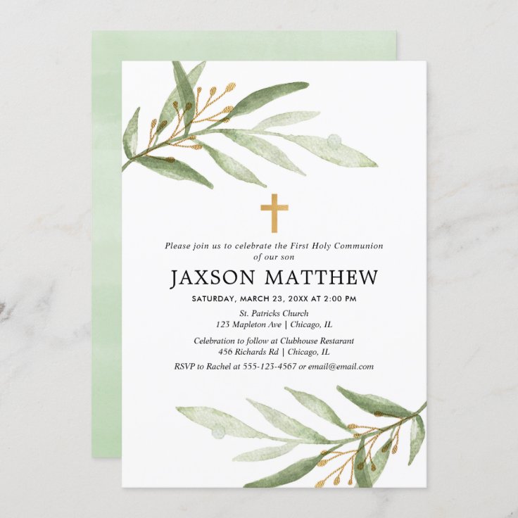 Greenery first holy communion green gold leaves invitation | Zazzle