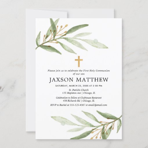 Greenery first holy communion green gold leaves invitation | Zazzle
