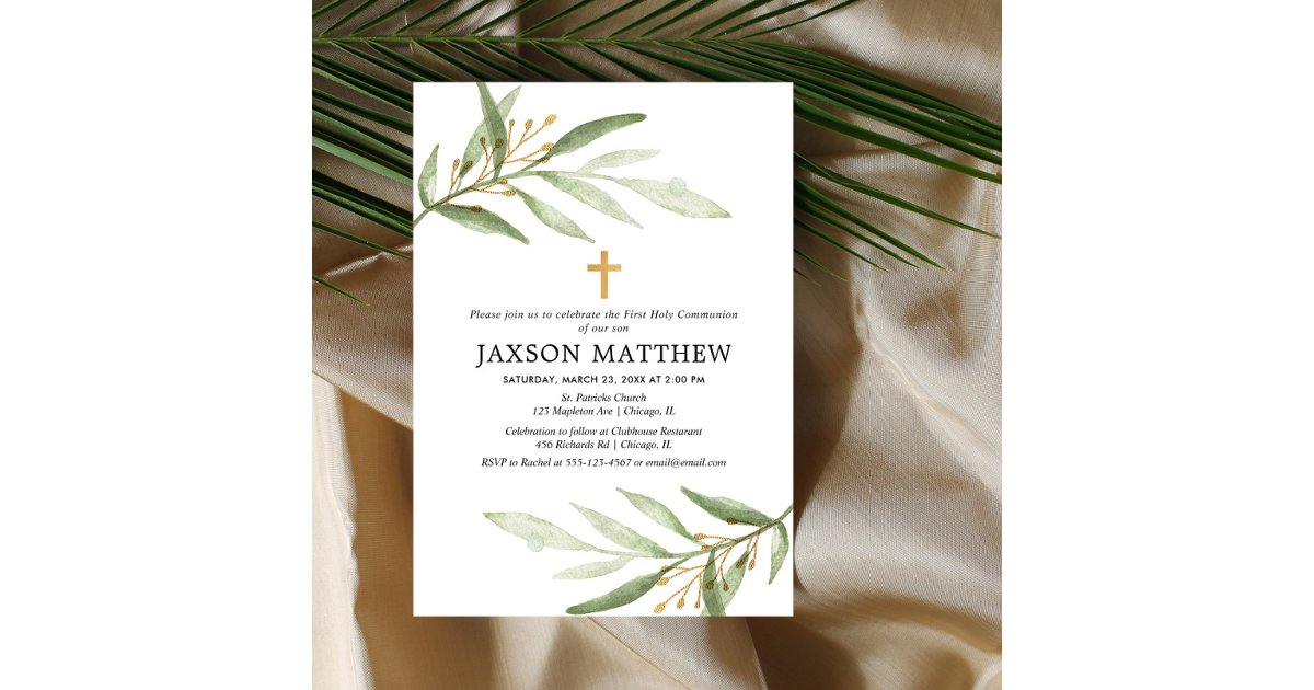 Greenery first holy communion green gold leaves invitation | Zazzle