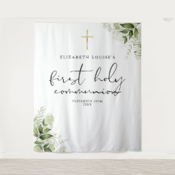 Greenery First Holy Communion Photo Backdrop | Zazzle
