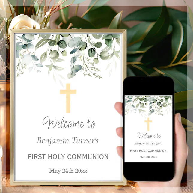 Greenery | First Holy Communion Welcome Poster | Zazzle