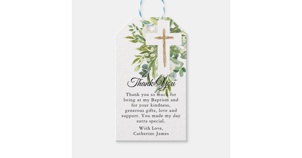 Greenery Floral Botanical Cross Elegant Baptism Gift Tags | Zazzle
