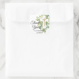 Greenery Floral Botanical Cross Elegant Baptism Square Sticker | Zazzle