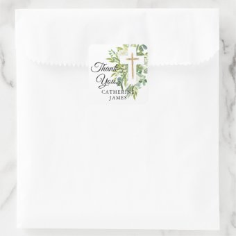 Greenery Floral Botanical Cross Elegant Baptism Square Sticker | Zazzle