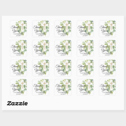 Greenery Floral Botanical Cross Elegant Baptism Square Sticker | Zazzle