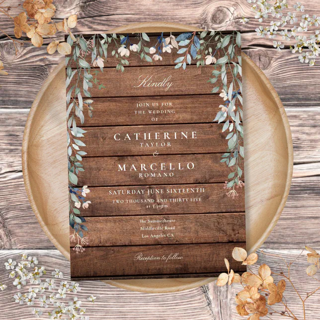 Greenery Floral Cascade Rustic Wood Wedding Invitation | Zazzle