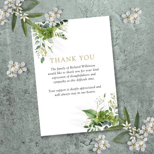 Greenery Floral Celebration Of Life Funeral Thank You Card | Zazzle