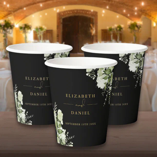 Greenery Floral Elegant Black And Gold Wedding Paper Cups | Zazzle