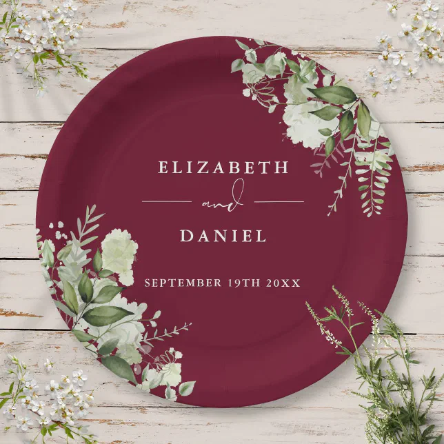 Greenery Floral Elegant Burgundy Wedding Paper Plates | Zazzle