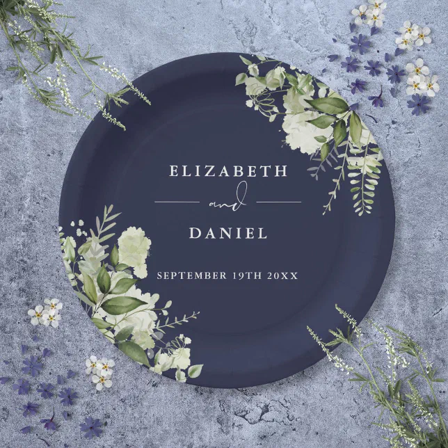 Greenery Floral Elegant Navy Blue Wedding Paper Plates | Zazzle