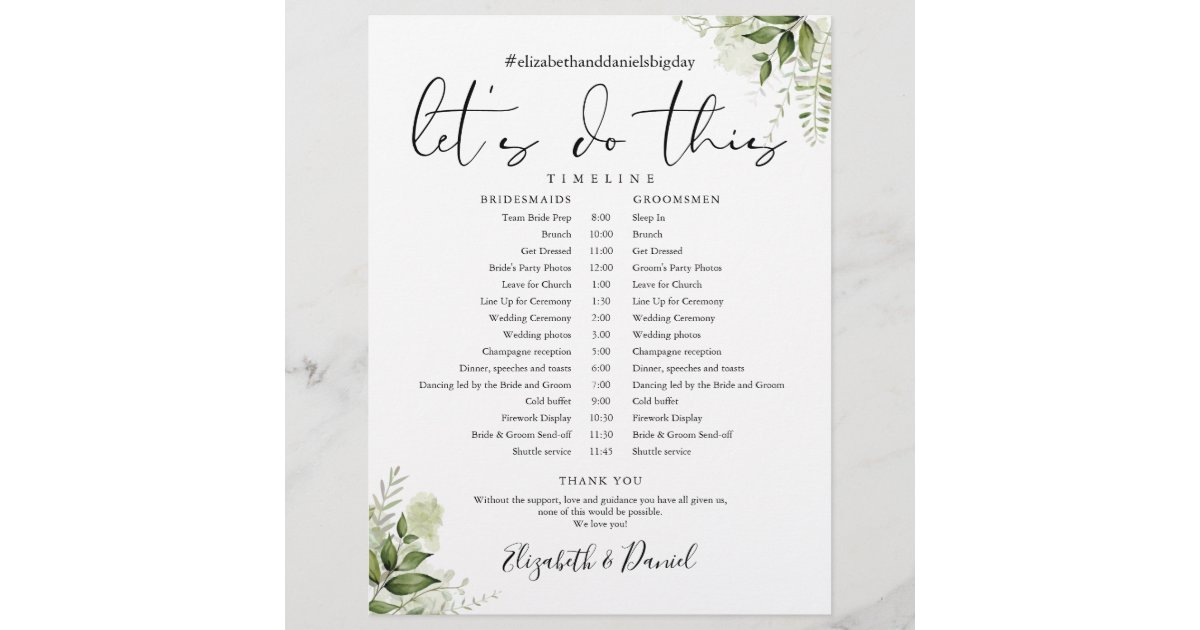 Greenery Floral Foliage Wedding Schedule Timeline | Zazzle