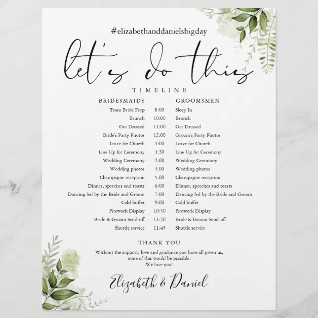 Greenery Floral Foliage Wedding Schedule Timeline | Zazzle