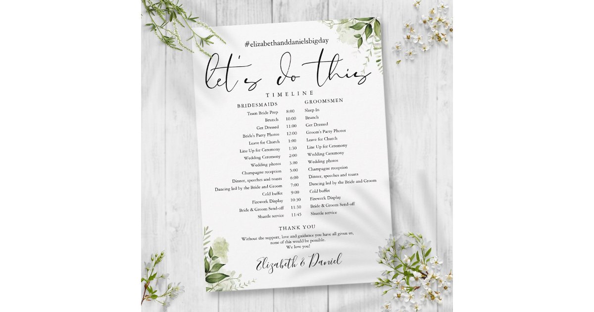Greenery Floral Foliage Wedding Schedule Timeline Program | Zazzle