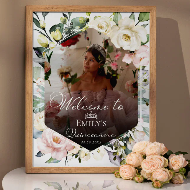 Greenery Floral Frame Photo Quinceañe Welcome Sign | Zazzle