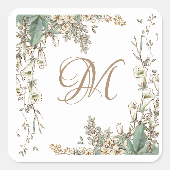 Greenery Floral Garland Script Monogram Elegant Square Sticker | Zazzle
