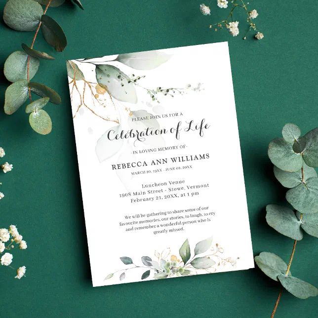 Greenery Floral Gold Nature Celebration of Life Invitation | Zazzle