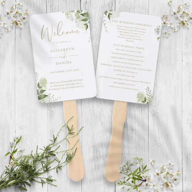 Greenery Floral Gold Wedding Program Hand Fan | Zazzle