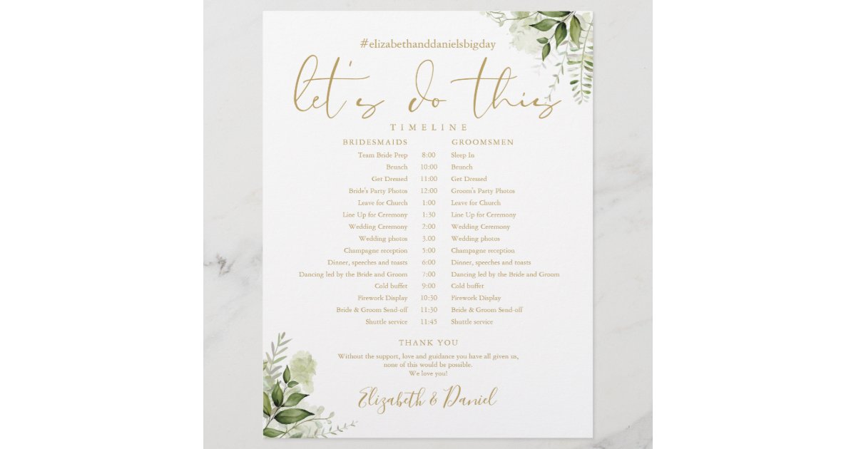 Greenery Floral Gold Wedding Schedule Timeline | Zazzle