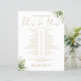 Greenery Floral Gold Wedding Schedule Timeline | Zazzle