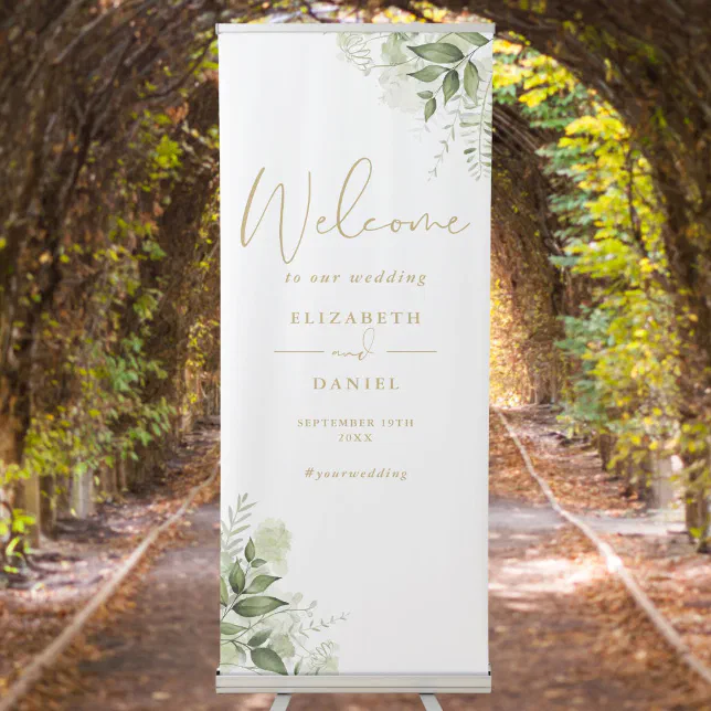 Greenery Floral Gold Wedding Welcome Retractable Banner | Zazzle
