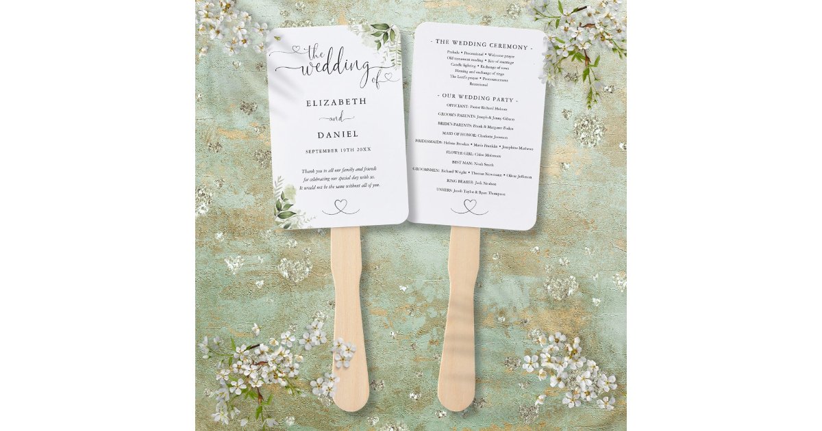 Greenery Floral Heart Script Wedding Program Hand Fan | Zazzle
