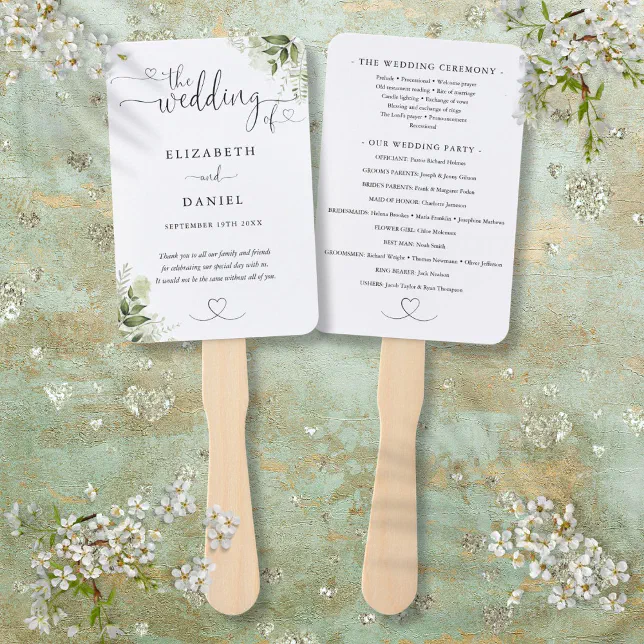 Greenery Floral Heart Script Wedding Program Hand Fan | Zazzle