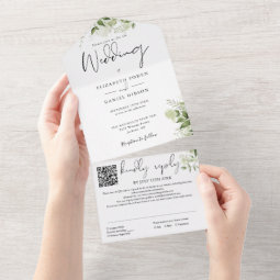 Greenery Floral Monogram QR Code Wedding All In One Invitation | Zazzle