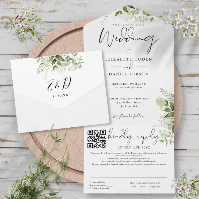 Greenery Floral Monogram QR Code Wedding All In One Invitation | Zazzle