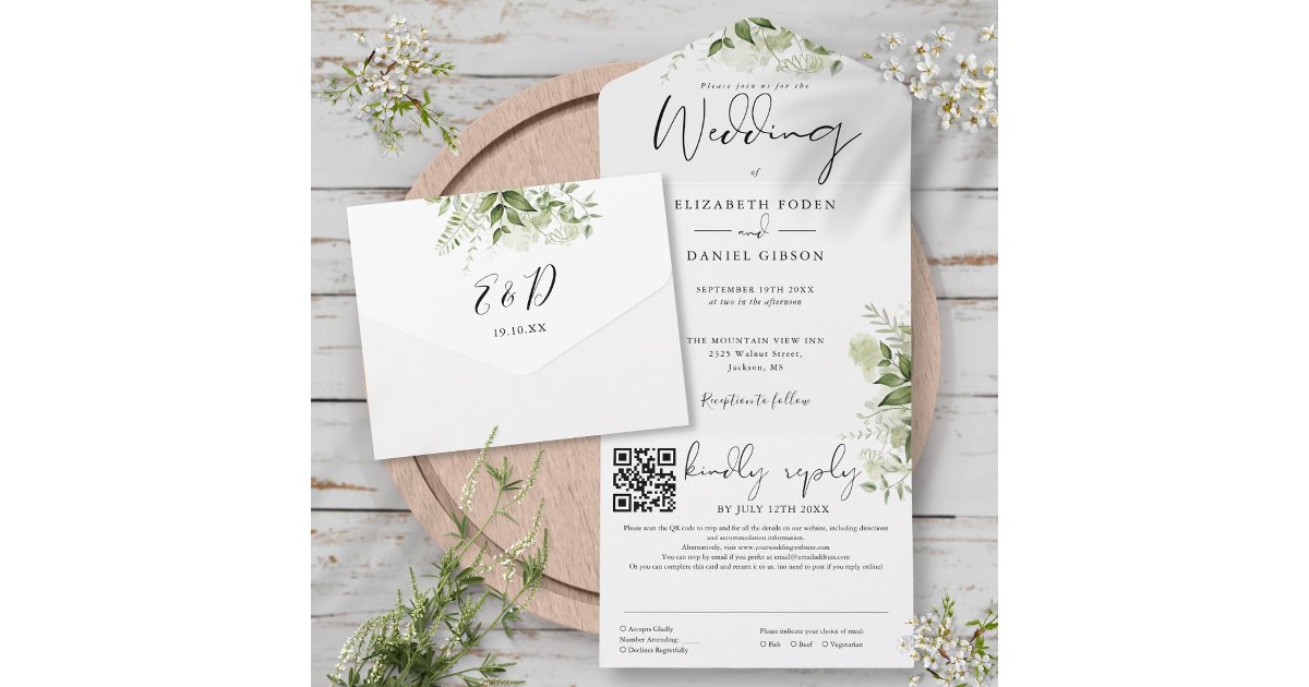 Greenery Floral Monogram QR Code Wedding All In One Invitation | Zazzle