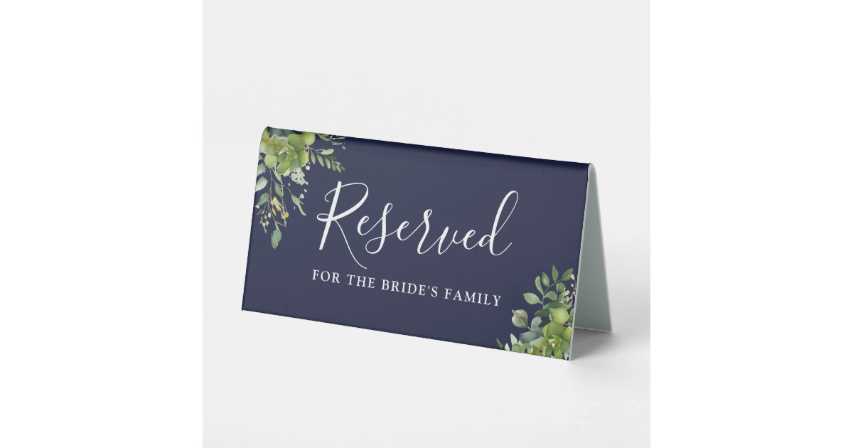 Greenery Floral Navy Blue Wedding Reserved Table Tent | Zazzle