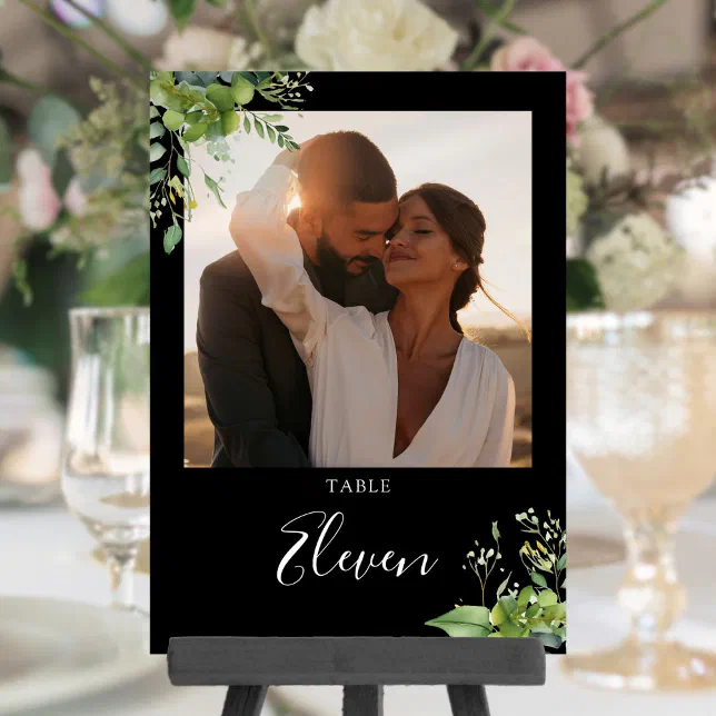 Greenery Floral Photo Black And White Table Number | Zazzle