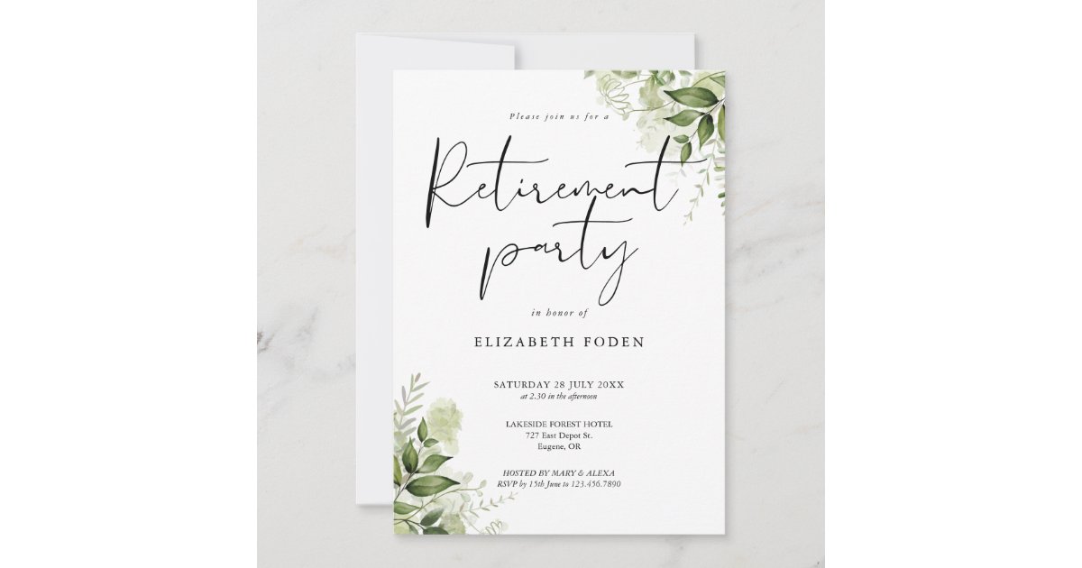 Greenery Floral Photo Script Retirement Party Invitation | Zazzle