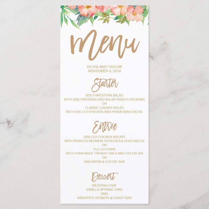 Greenery & Floral Pink & Gold Wedding Dinner Menu | Zazzle.com
