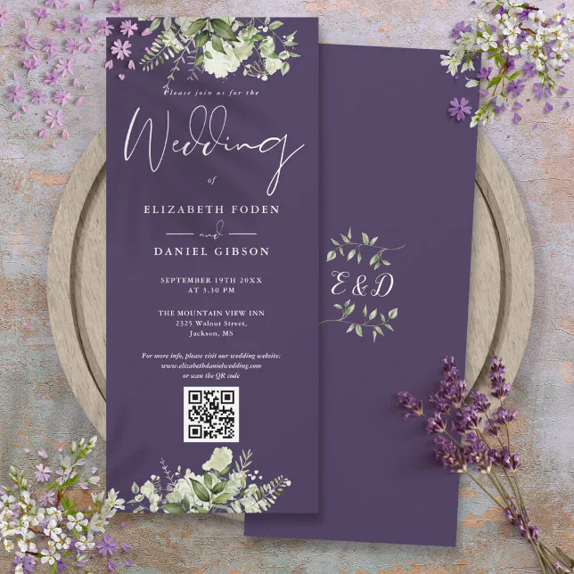 Greenery Floral Purple QR Code Wedding Invitation | Zazzle