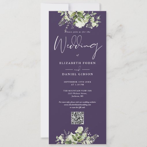 Greenery Floral Purple QR Code Wedding Invitation | Zazzle