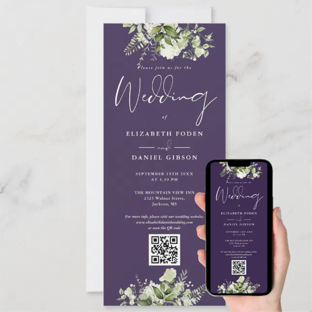 Greenery Floral Purple QR Code Wedding Invitation | Zazzle