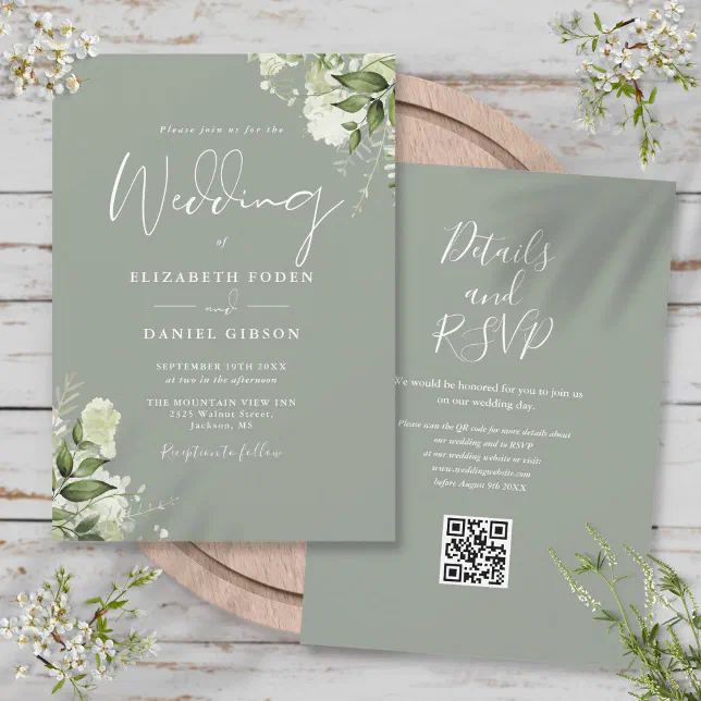 Greenery Floral Sage Green QR Code Wedding Invitation | Zazzle