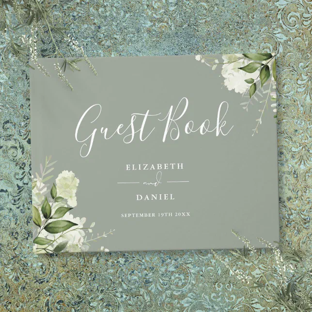 Greenery Floral Sage Green Wedding Guest Book | Zazzle