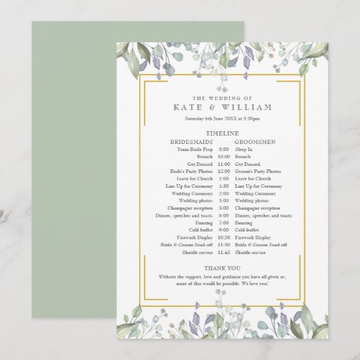 Greenery Floral Wedding Schedule Timeline Program | Zazzle